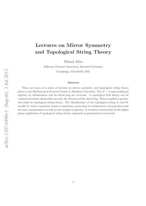 PDF Lectures On Mirror Symmetry And Topological String Theory