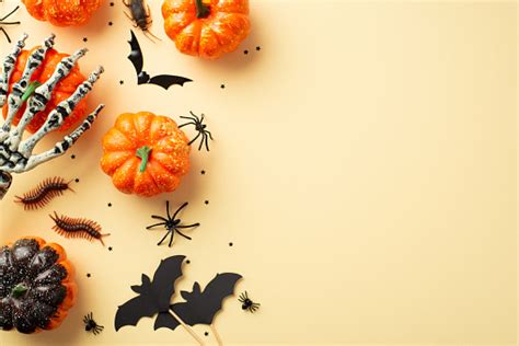 할로윈 개념 호박 거미 바퀴벌레 지네 박쥐 실루엣과 색종이 빈 공간이있는 고립 된 베이지 색 배경에 잡고있는 해골 손의 탑 뷰 사진 10월에 대한 스톡 사진 및 기타 이미지