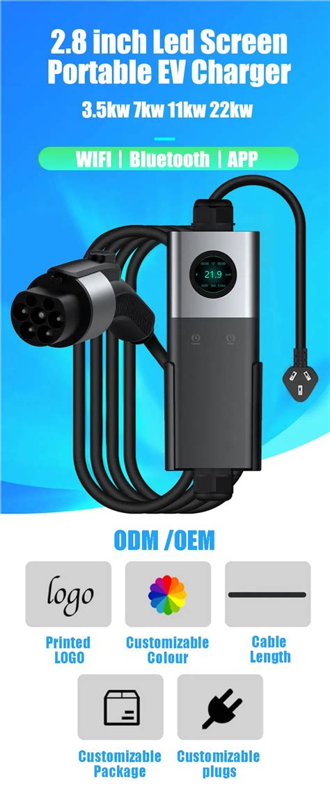 Portable Ev Charger Customizable Ac Mode Kw A Evse Type Inch Screen Ev Charging