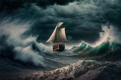 Sailing Ship In A Giant Storm With Crashing Waves Sailing Boat Inside