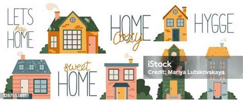 만화 코티지 및 레터링 세트 손으로 그린 홈 외관 텍스처 프론드 뷰와 문구 귀여운 밝은 타운 하우스와 시골 컬렉션의 가족 집