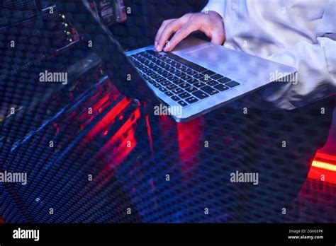 Busy Maintenance Administrator Controlling Operational Server Rack Optimal Functioning Stock
