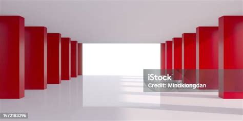 빨간 기둥 3d 렌더링이 있는 빈 공간 내부 0명에 대한 스톡 사진 및 기타 이미지 0명 3차원 형태 건축 Istock
