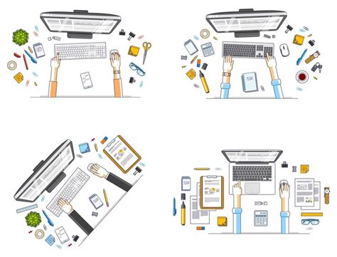 Pc 컴퓨터에서 작업하는 사무원 또는 기업가 사람의 손과 다양한 문구 물건이 있는 작업 공간 책상의 상단 보기 모든 요소는 개별적으로 사용하기 쉽습니다 벡터 집합입니다