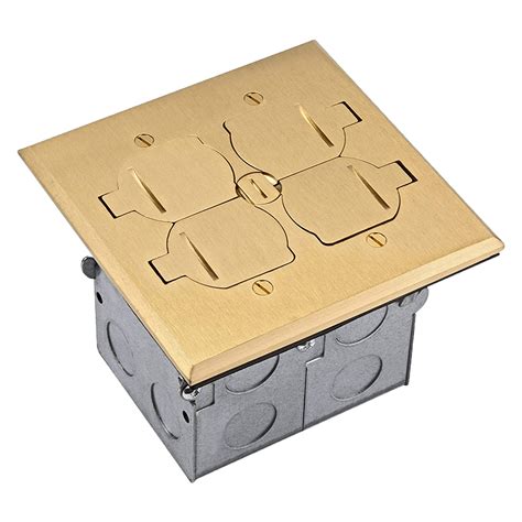 Two Gang Brass Floor Box With Flip Lids With Two Duplex Receptacles