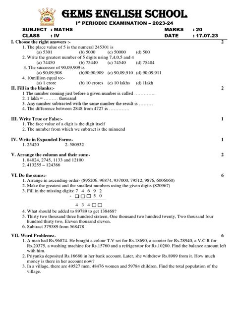 Maths 4th Std 1st Periodic Exam 2023 24 Pdf Subtraction Numbers