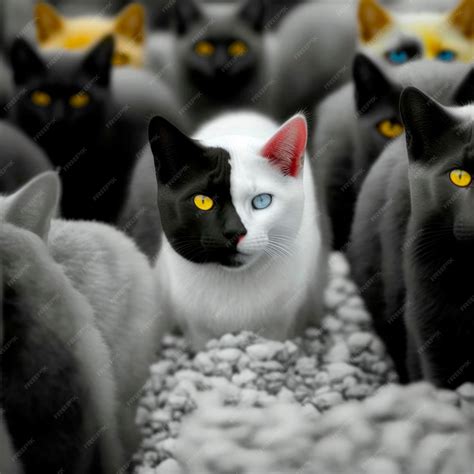 Premium Photo White Cat With Half Black Face And Yellowblue Eyes