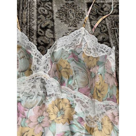 Vtg Victorias Secret Satin Nightgown Gold Label Floral Chemise M Lace