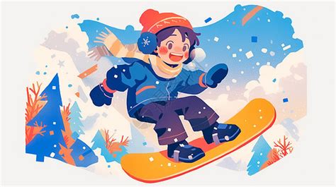 穿着厚厚的蓝色外套的卡通男孩在雪地里开心滑雪插画图片下载 正版图片402675162 摄图网