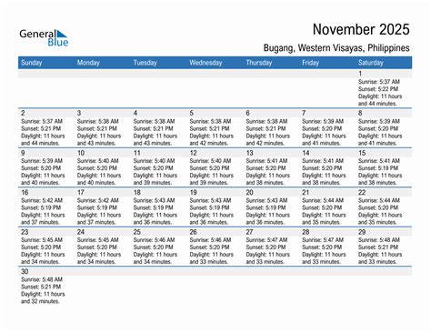 November 2025 Sunrise And Sunset Calendar For Bugang Philippines Pdf