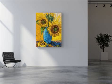 Sunflower Oil Painting Inspired By Van Gogh Blue Vase Artwork Vibrant