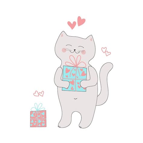 선물과 마음을 가진 만화 고양이 프리미엄 벡터