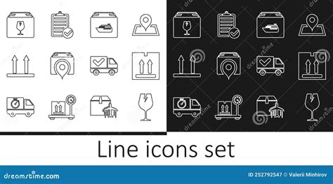 Set Line Fragile Broken Glass Cardboard Box With Traffic Cargo Ship Boxes Location Cardboard