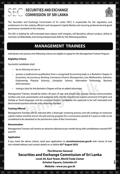 Sec Sri Lanka Management Trainees Program Vacancies 2023