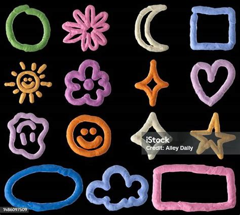 3d 렌더링 일러스트레이션 요소 모음 원형 사각형 직사각형 별 하트 구름 미소 달 꽃 플라스틱 효과가있는 스티커 3차원 형태에