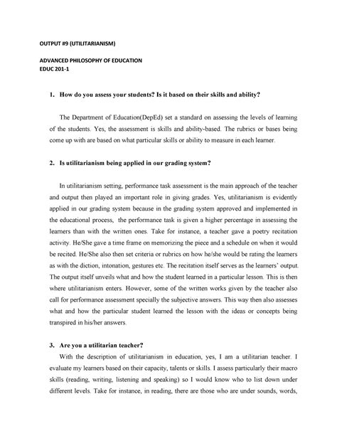 The Philosophy Of Utilitarianism Output 9 Utilitarianism Advanced Philosophy Of Education