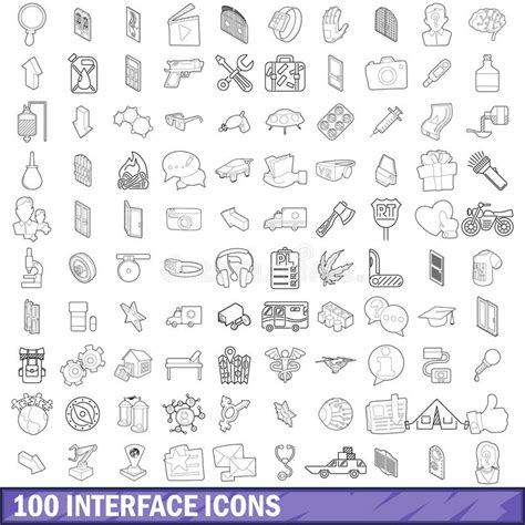 100 Iconos Fijados Estilo Del Interfaz Del Esquema Ilustración Del