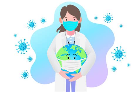 의사는 집에 머물면서 코로나 바이러스와 Covid19의 확산을 보호합니다 코로나 바이러스 세계 착용 마스크 벡터 디자인