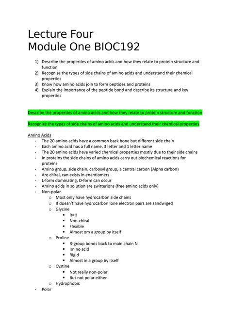 Lecture Four BIOC192 Lecture Four Module One BIOC Describe The Properties Of Amino Acids And