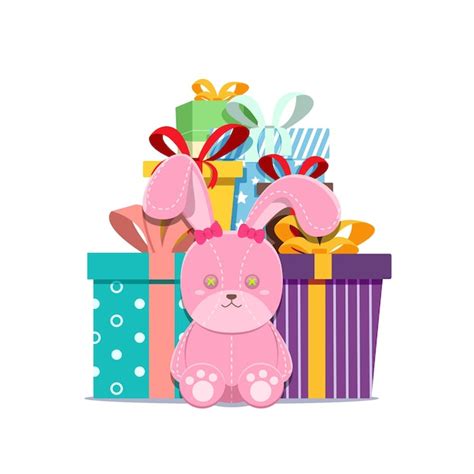 리본과 토끼 인형 다채로운 포장된 선물 상자의 큰 더미 선물의 제비 플랫 스타일 벡터 일러스트 레이 션 흰색 배경에 고립 프리미엄 벡터