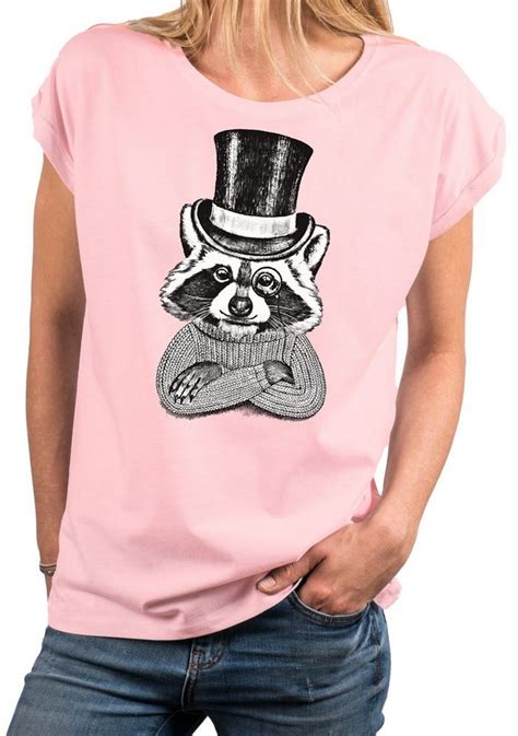 Makaya Print Shirt Damen Tiermotiv Waschbär Top Sommer Oberteile Frauen