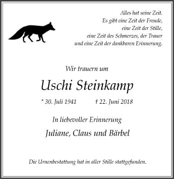 Traueranzeigen Von Uschi Steinkamp Trauer In NRW De