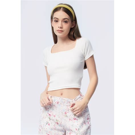 Jual COLORBOX Short Sleeve Square Neck Crop T Shirt Off White Shopee Indonesia