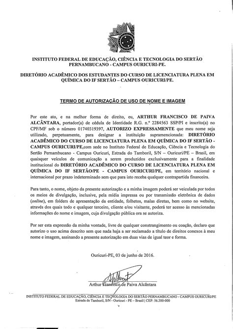 Termo de autorização de uso de nome e imagem PDF