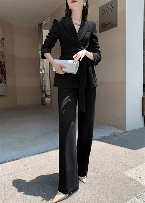 Belted Double Breasted Blazer Wide Pants Suit Two Piece Set Wide