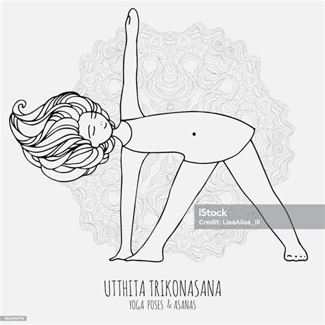 요가 하 고 귀여운 소녀입니다 요가 포즈와 손으로 그린 스타일에서 Asanas 요가 연습을 하 고 여자입니다 요가 휴식 낙서