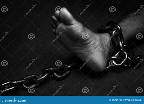 Victim Slave Prisoner Male Foor Tied By Big Metal Chain People Have