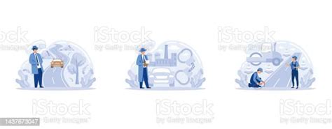 교통 범죄 및 사기 도로 공사 동료 여행자 히치 하이킹 범죄 교통 건설 및 수리 속도 제한 표지판 평면 벡터 현대 그림 설정 3차원 형태에 대한 스톡 벡터 아트 및 기타