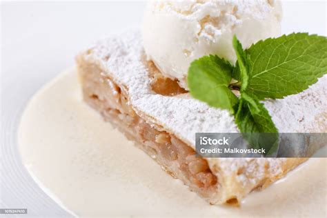 과일 사과 슈 트루 델 케이크 아이스크림 민트 잎과 바닐라 소스와 함께 제공 됩니다 흰색 접시에 클래식 오스트리아 디저트입니다 레스토랑에서 달콤한 디저트입니다 아침 빛입니다