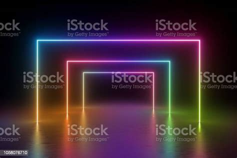3d 렌더링 추상적인 배경 라인 터널 네온 조명 가상 현실 아치 핑크 블루 스펙트럼 진동 하는 색깔 레이저 쇼 빈 공간 프레임