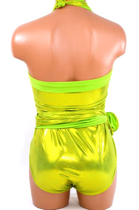 Large Bathing Suit Wrap Around Swimsuit Metallic Lime Green