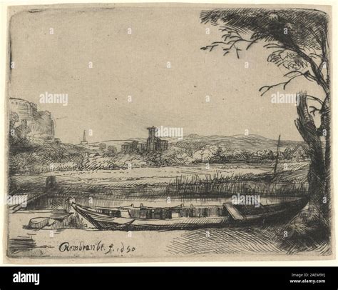 Rembrandt Van Rijn Canal With A Large Boat And Bridge 1650 Canal