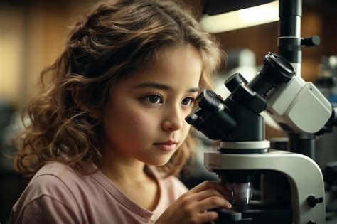 Premium Ai Image Cute Girl Looking Through Microscope