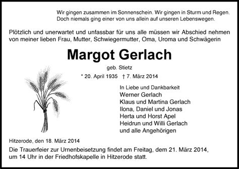 Traueranzeigen Von Margot Gerlach Trauer HNA De
