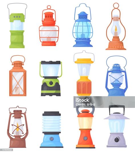만화 캠프 랜턴 정원 랜턴 양초 캠핑 여행용 등유 램프 가스 또는 오일 레트로 고대 소박한 야간 조명에 빈티지 오래된 램프 깔끔한 벡터 일러스트레이션 전등에 대한 스톡 벡터