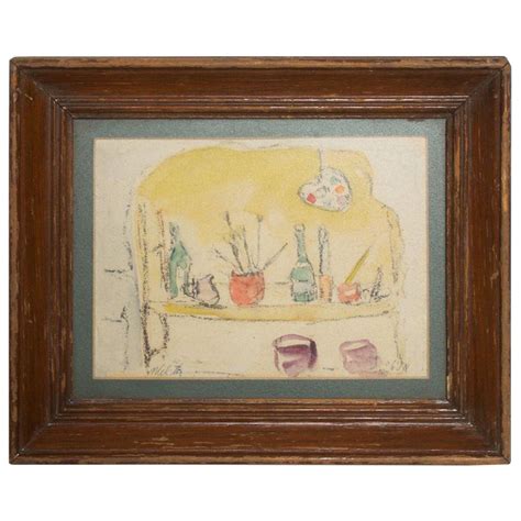 1950s Vintage Still Life Drawing Yellow Purple Lithograph For Sale At