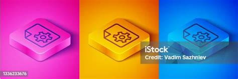 분홍색과 주황색 파란색 배경에 격리 된 기어 아이콘이있는 등색 선 문서 설정입니다 소프트웨어 업데이트 전송 프로토콜 팀워크 도구 관리 정사각형 버튼입니다 벡터 3차원 형태에