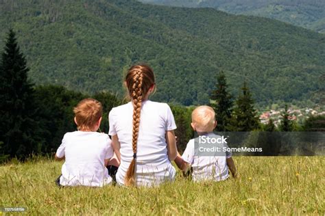 어머니와 침 엽 수 숲 및 산의 배경에 잔디에 앉아 2 명의 젊은 아들 2명에 대한 스톡 사진 및 기타 이미지 2명 가족 건강한 생활방식 Istock