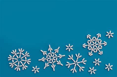 눈송이의 형태로 파란색 배경에 흩어져 알약의 많은 3d 일러스트레이션 2020년에 대한 스톡 사진 및 기타 이미지 2020년 감기와 독감 개념 Istock