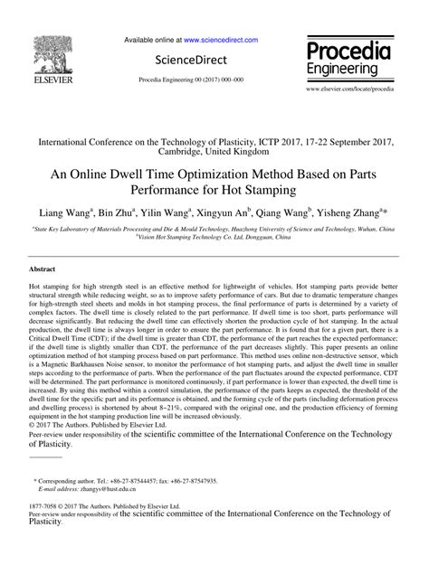 Pdf An Online Dwell Time Optimization Method Based On Parts Performance For Hot Stamping
