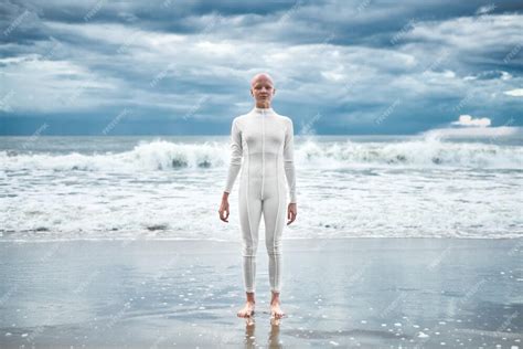 Premium Photo Happy Hairless Girl With Alopecia In White Futuristic