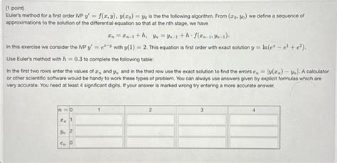 Solved 1 Point Euler S Method For A First Order IVP Y Chegg