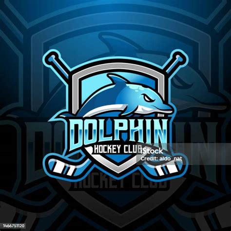 돌고래 마스코트 아이스하키 팀은 배지 엠블럼 및 티셔츠 인쇄를 위한 현대적인 일러스트레이션 개념 스타일을 가진 벡터를 디자인합니다 스포츠 게이머 스트리머에 대 한 현대