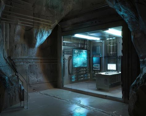 a futuristic dimly lit room with a large glass door leading to a