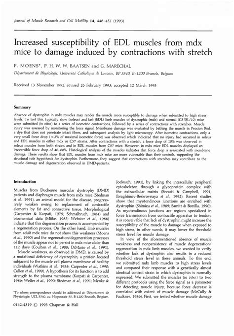 Pdf Increased Susceptibility Of Edl Muscles From Mdx Mice To Damage