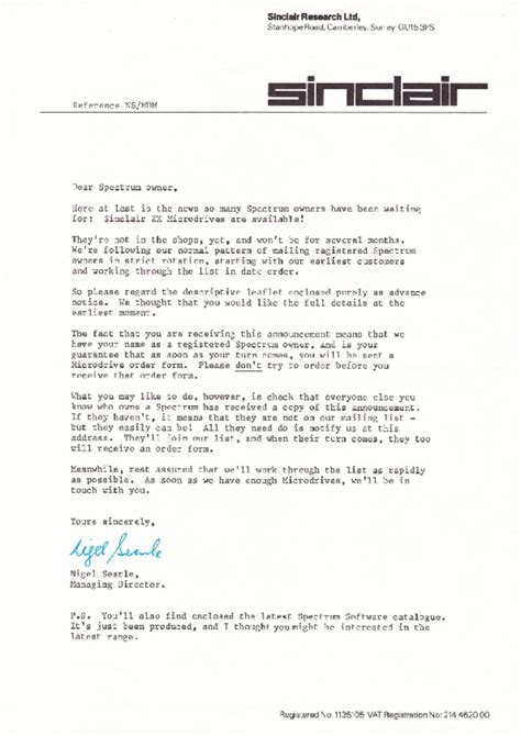 Sinclair Zx Microdrive Pre Launch Letter Document Computing History